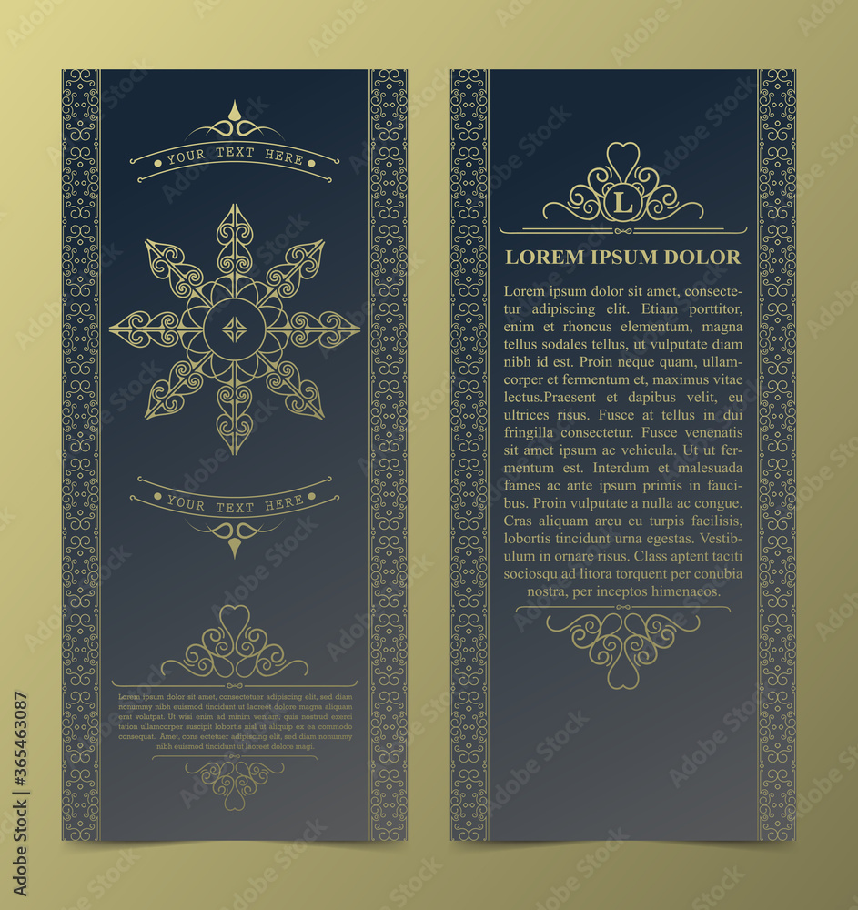 Vintage flyer design with gold abstract frame and crest. Template for ...