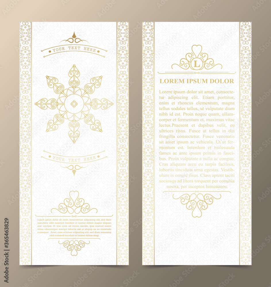 Vintage flyer design with gold abstract frame and crest. Template for ...