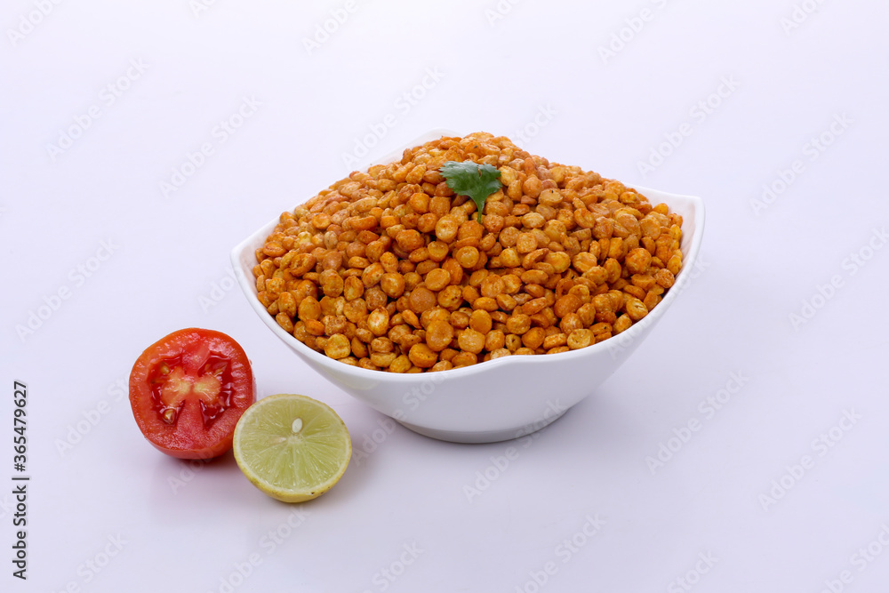 Fried Salted Chana Dal, White bowl on dark background, Chana Dal Masala ...