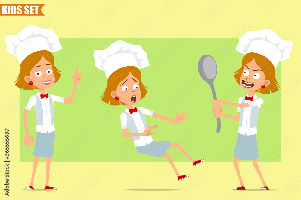 Cartoon flat funny little chef cook girl character in white uniform and ...
