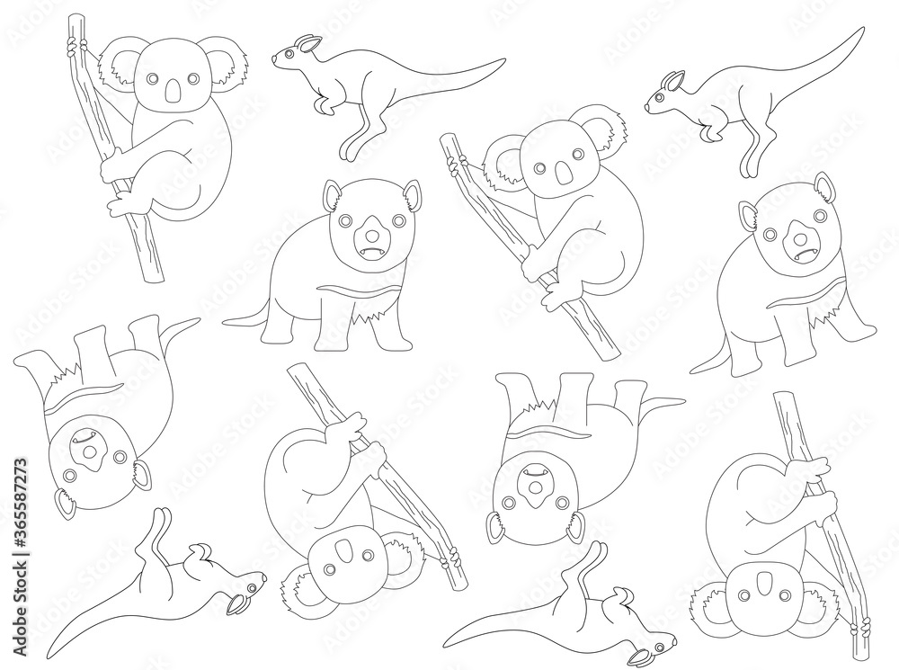 Australian Animals Kangaroo Koala Tasmanian Devil Cartoon Black and ...