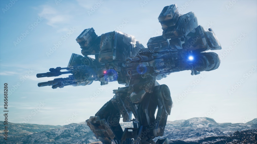 Military mech are walking on a battlefield covered with human bones and ...