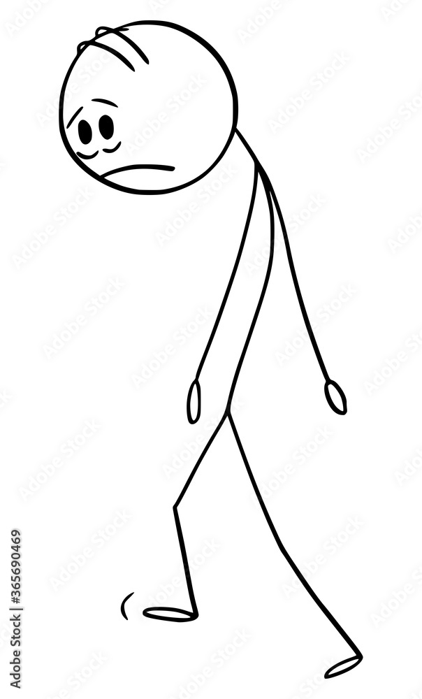 Vector cartoon stick figure drawing conceptual illustration of sad ...
