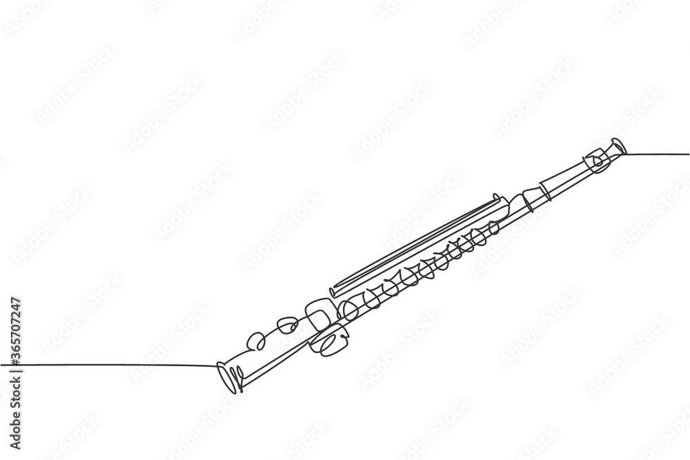 One continuous line drawing of classical flute. Wind music instruments ...