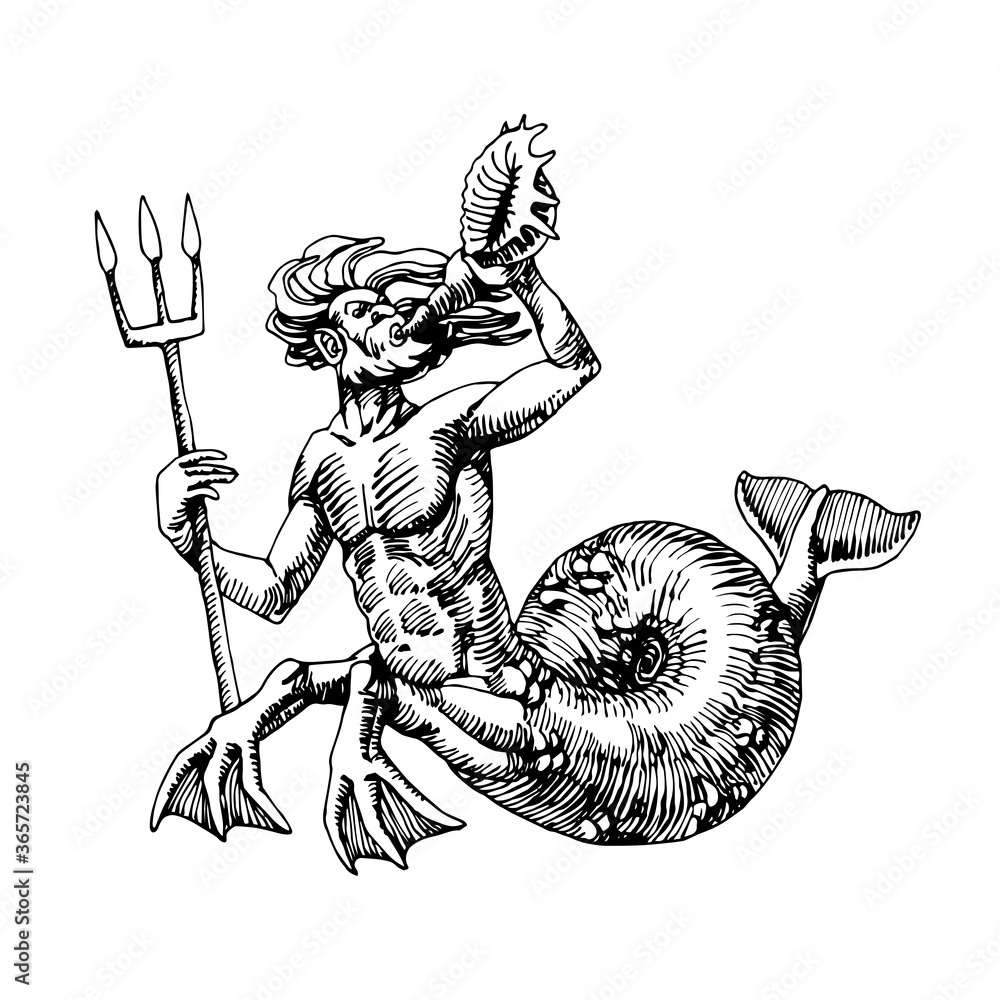 Triton, an ancient Greek God of the deep sea with a Trident, for diving ...