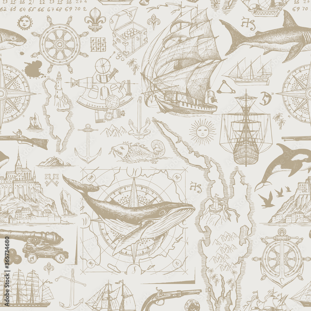 Vintage seamless pattern on the theme of travel, adventure and ...