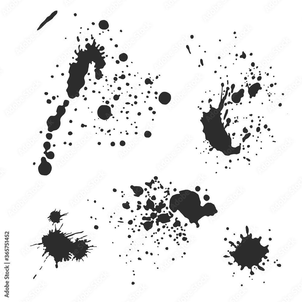 Vector black and white ink splash, blot and brush stroke, spot, spray ...