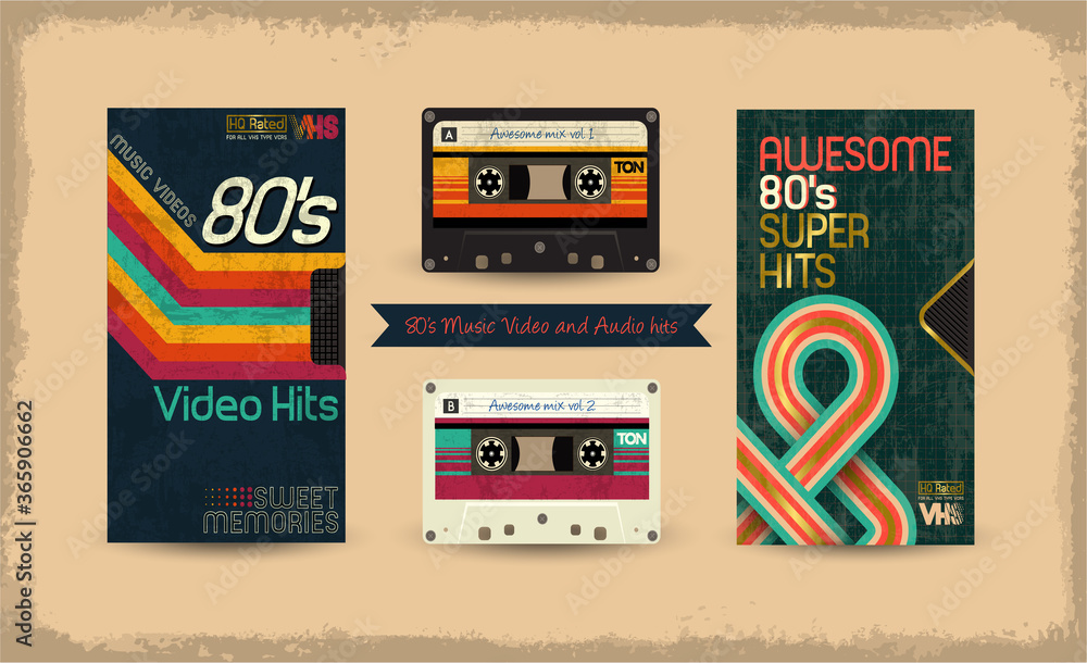 VHS tape. Vector beta tape and cassette box old graphic in 80s style ...