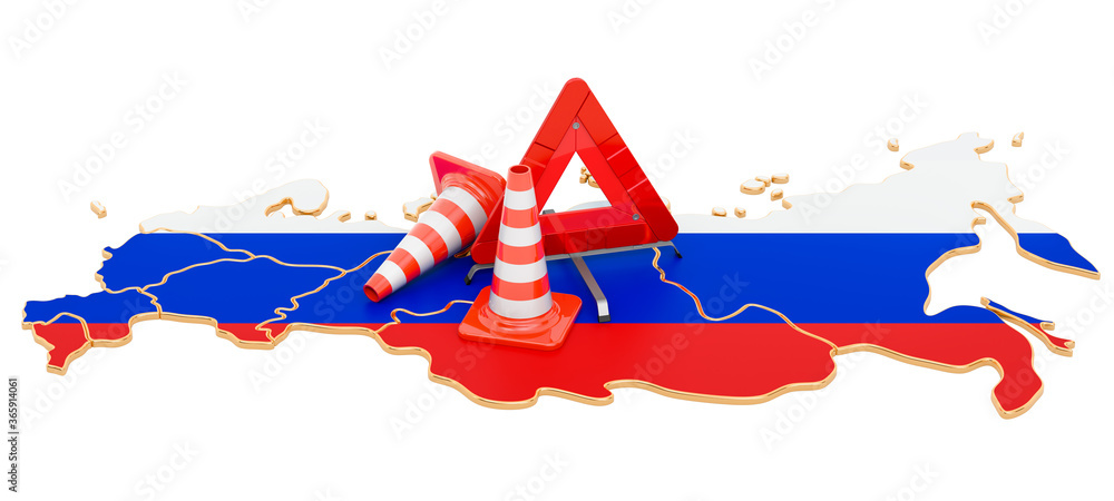 Russian map with traffic cones and warning triangle, 3D rendering Stock ...