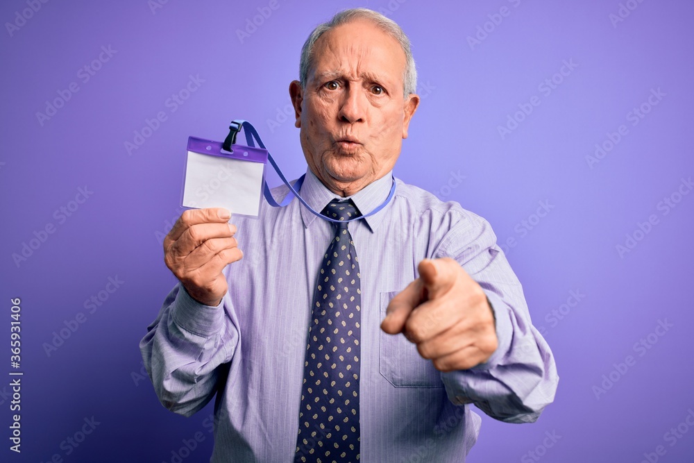 Senior grey haired business man holding identification tag over purple ...
