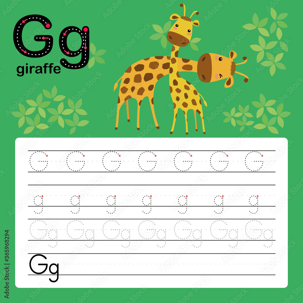 G, giraffe, Alphabet tracing worksheet for preschool and kindergarten ...
