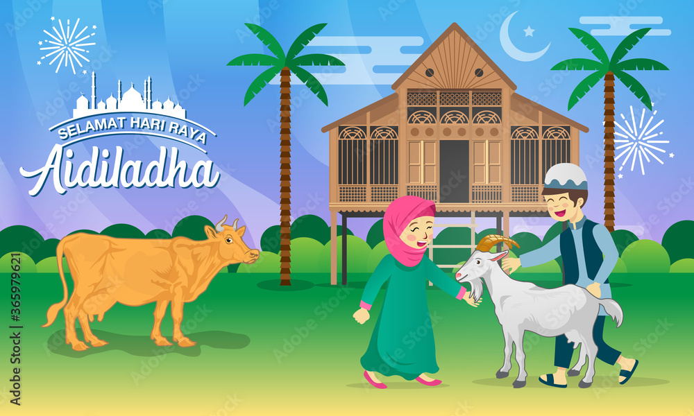 Eid al Adha greeting card. cartoon muslim kids celebrating Eid al Adha ...