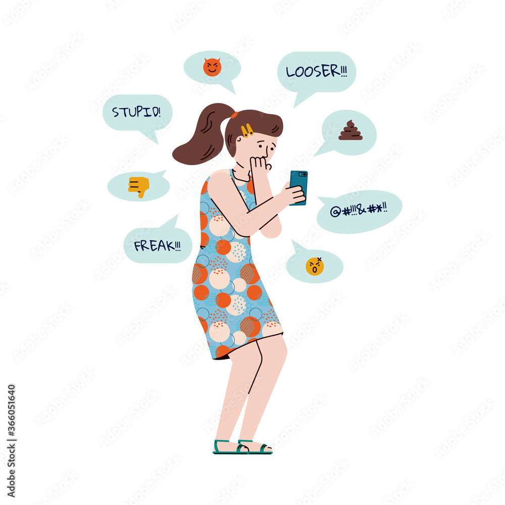 Young girl or teen getting bullying messages on phone, flat cartoon ...