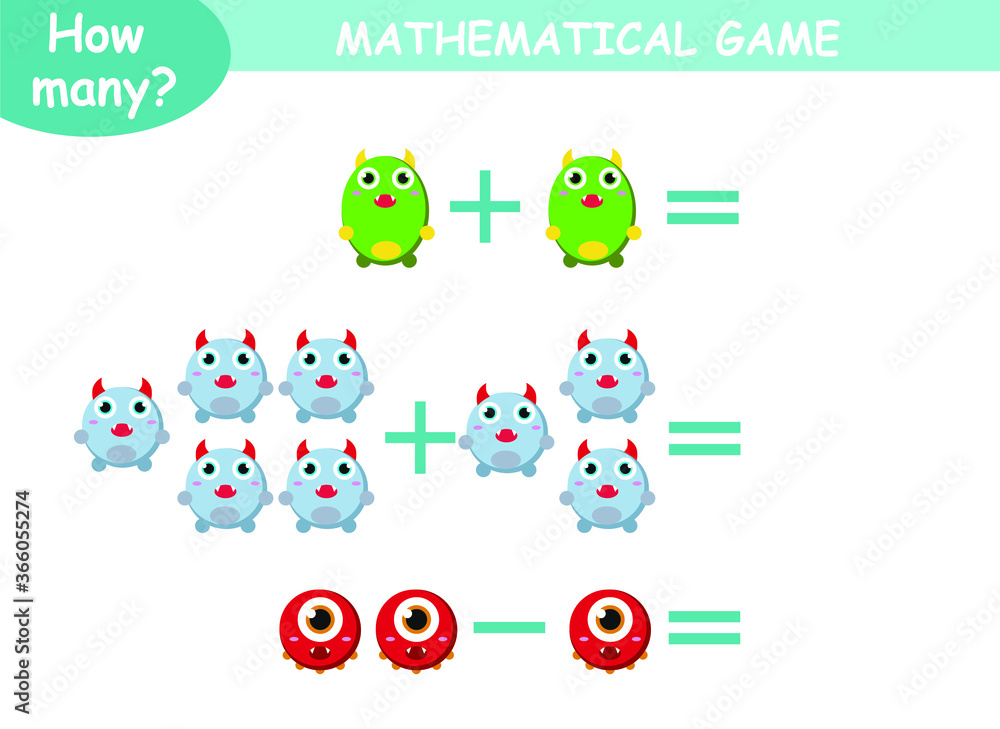 examples of addition and subtraction with cute monsters. educational ...