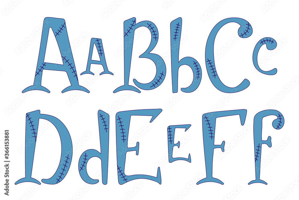 Stitched alphabet for halloween. Hand-drawn lettering in frankenstein ...