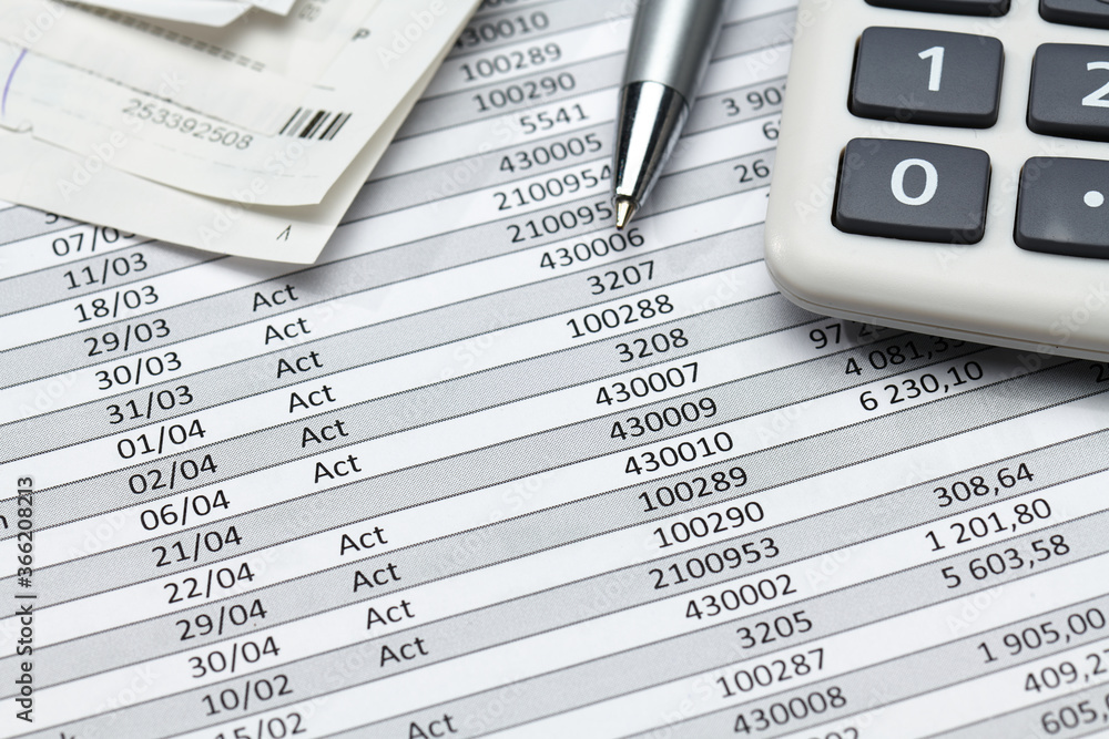 cash registers purchase receipt, calculator and financial reports ...