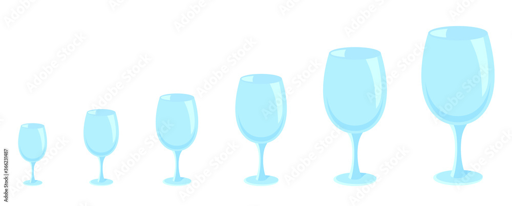 Set of realistic glasses. Scale. Different sizes. Glassware shop ...