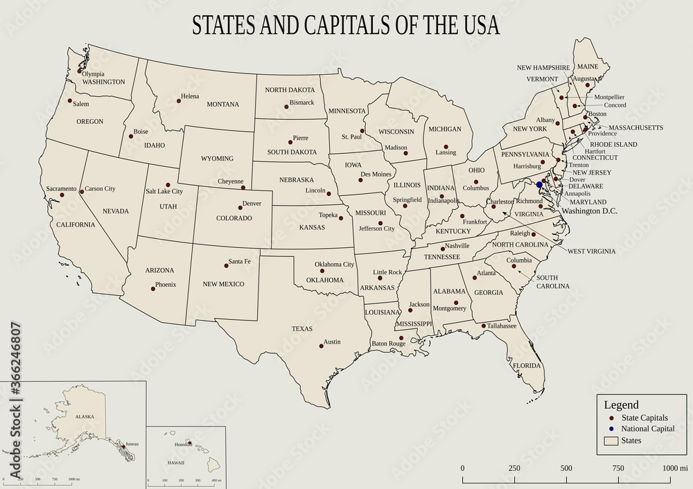 Map of states and capitals of the USA Stock Photo | Adobe Stock