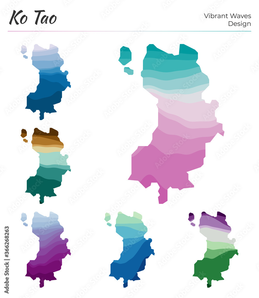 Set of vector maps of Ko Tao. Vibrant waves design. Bright map of ...