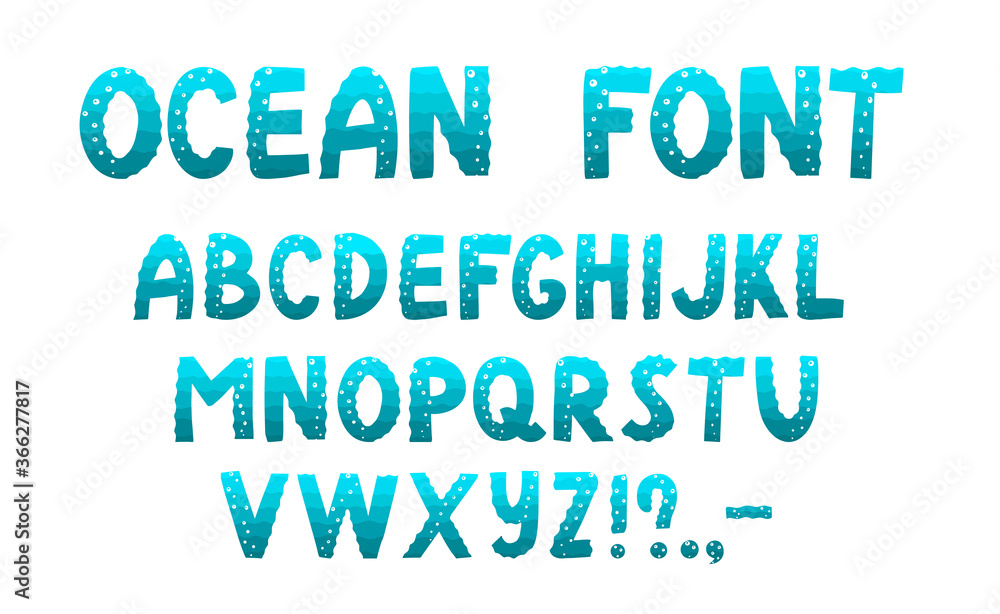 ocean font. beautiful hand-drawn letters. set of capital letters in sea style. Light blue ...
