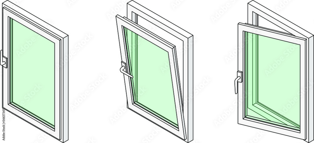 Diagram showing a casement window in three different positions: closed ...