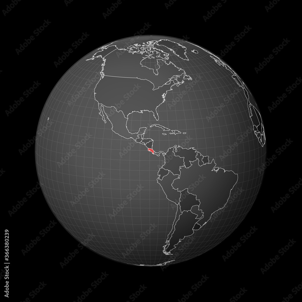Dark globe centered to Costa Rica. Country highlighted with red color ...