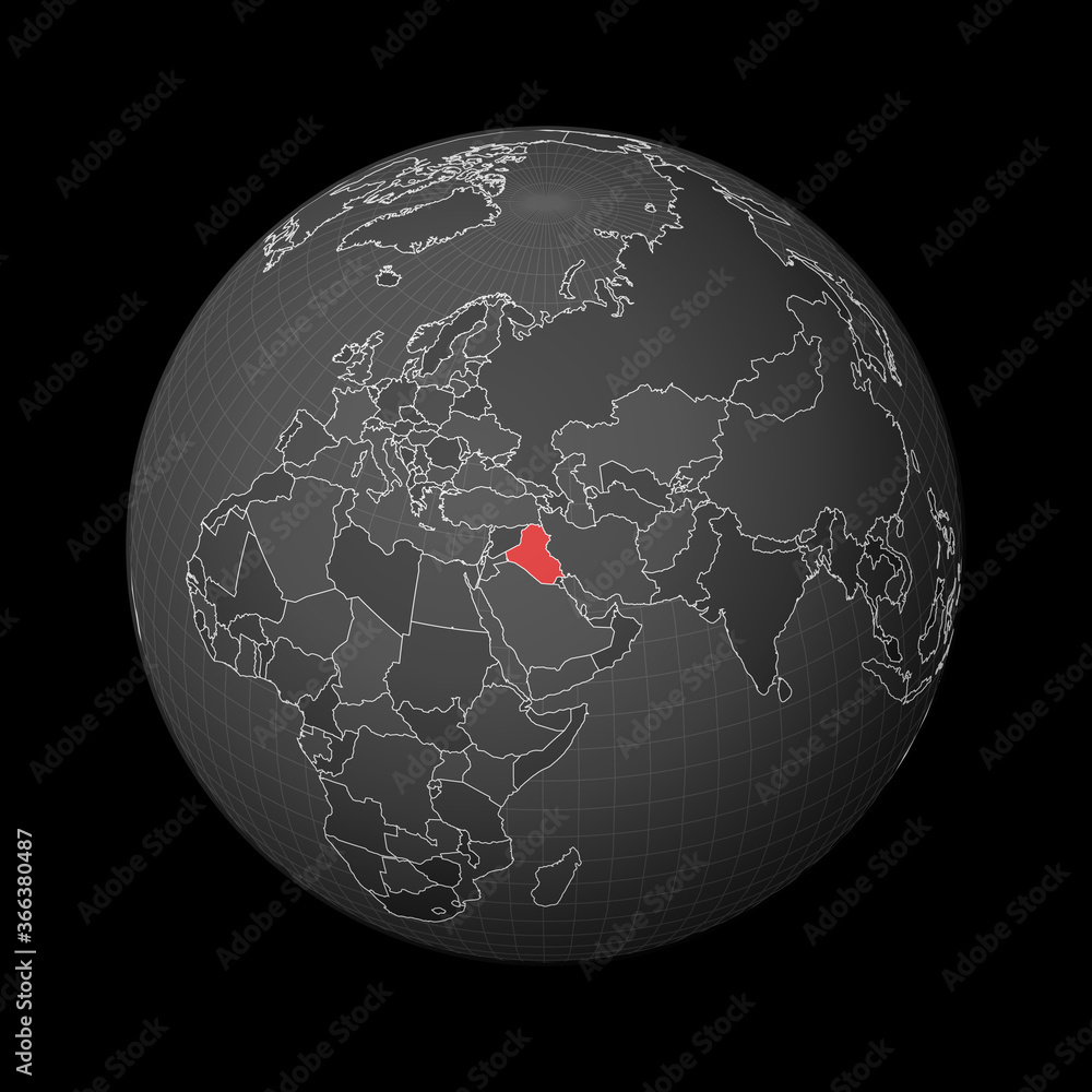 Dark globe centered to Republic of Iraq. Country highlighted with red ...