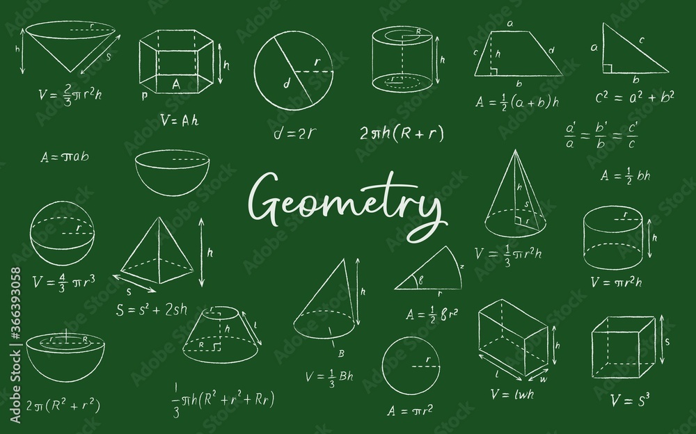 Geometric shape chalk sketches on blackboard, vector education and back ...