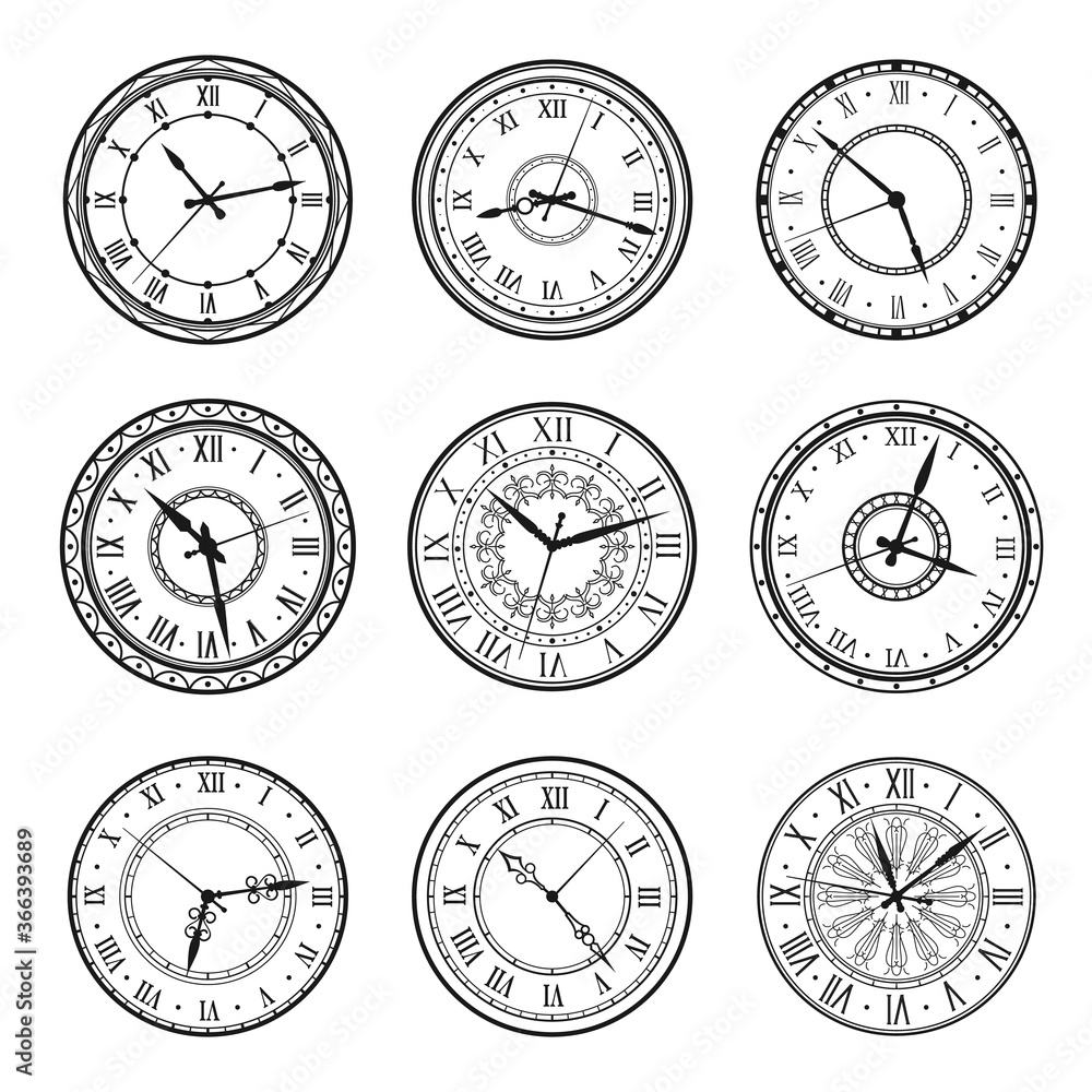 Vintage clock faces, vector retro watch dials signs. Ornate watchface ...