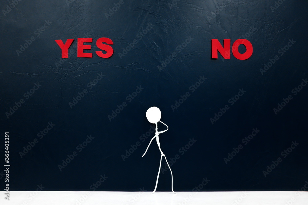 Foto de Stock Human stick figure choosing between red yes or no word ...