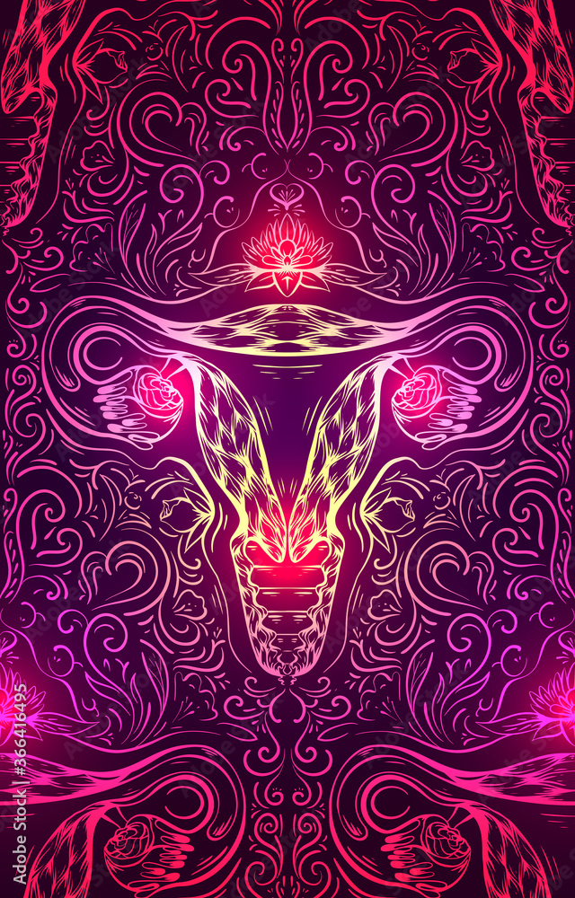 Seamless neon pattern with contour sketch of the uterus with flower and ...
