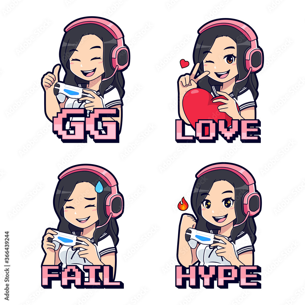 Streamer gamer girl twitch emotes and badges set Stock Vector | Adobe Stock