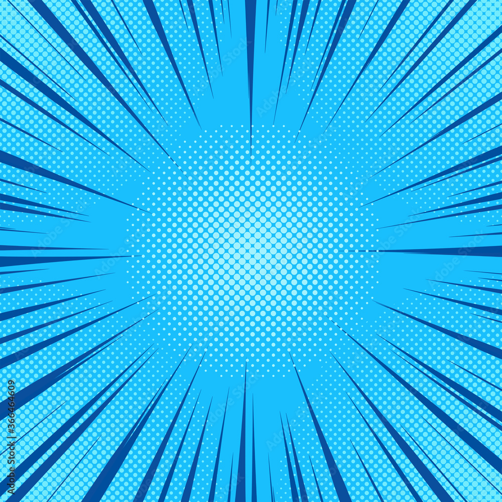 Blue comics rays background with halftones. Vector backdrop ...