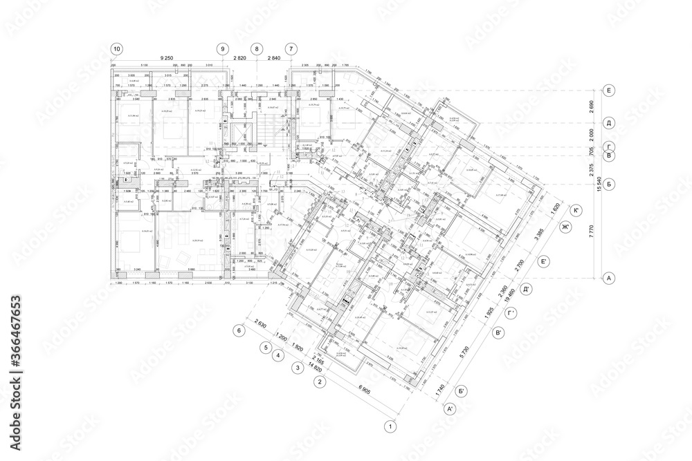 Part of detailed architectural floor plan, apartment layout, blueprint ...