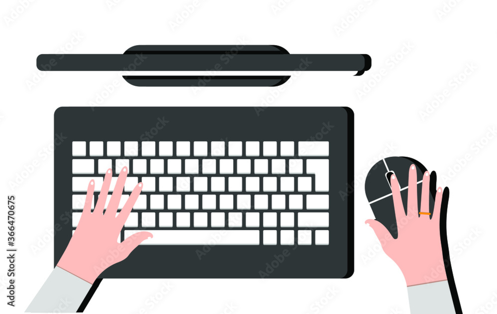 Computer with keyboard and mouse, top view. Work at a laptop, type ...