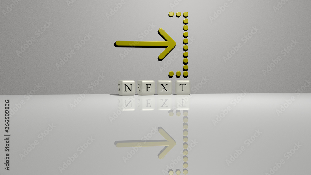 3D illustration of next graphics and text made by metallic dice letters ...