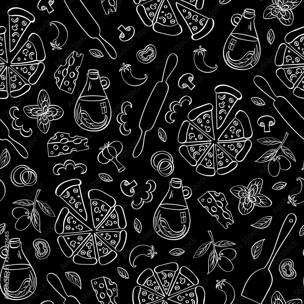 Pizza seamless pattern. Doodle food isolated on black background ...