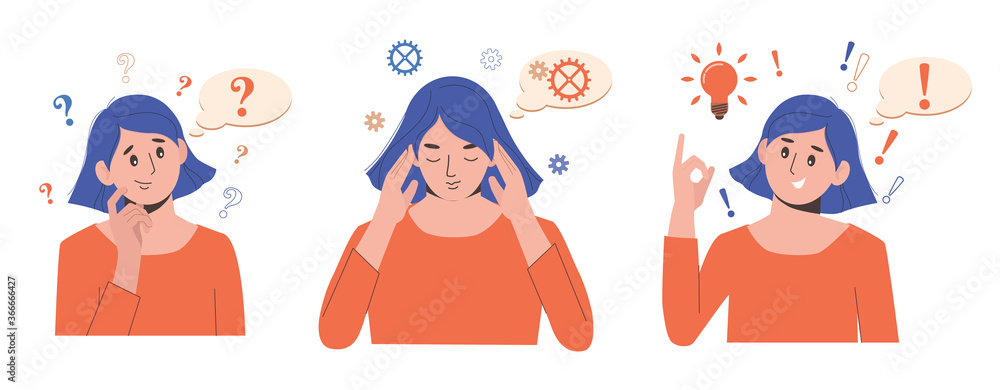 Problem solving concept. Woman thinks and solves a problem. A question ...