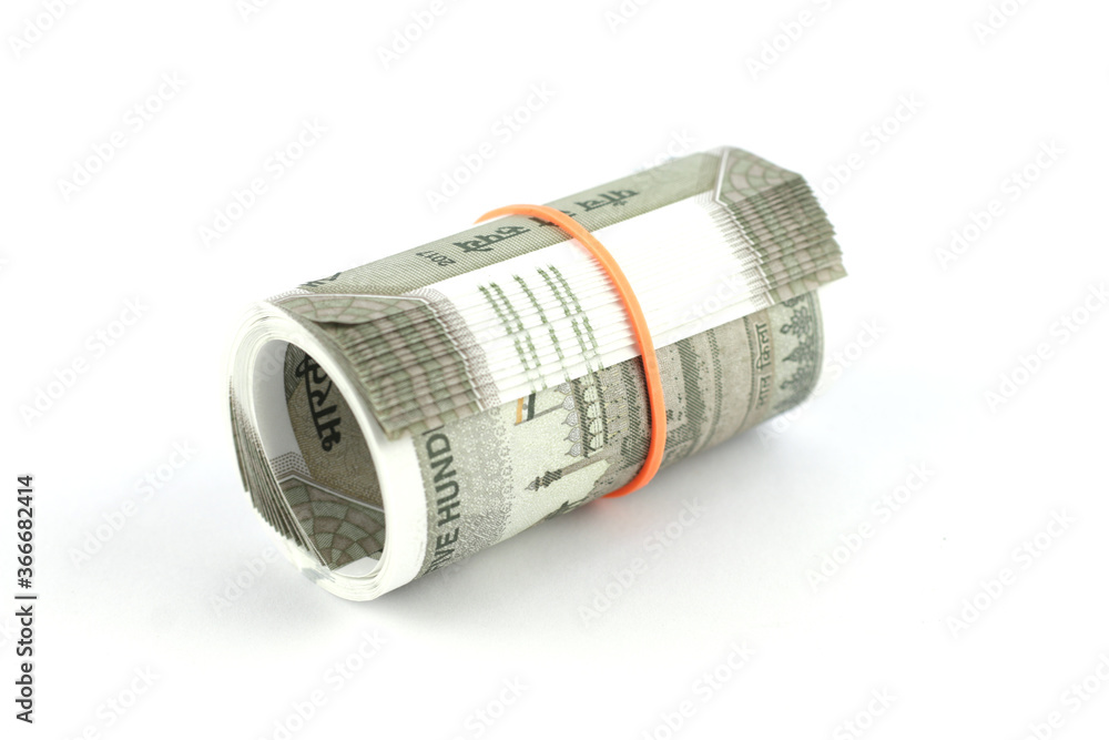 Indian currency notes of various denominations. A bundle of 500 Rupees ...