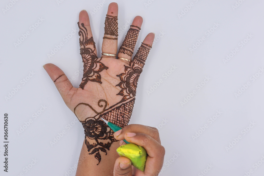 Girl Woman Applying Natural Herbal Mehndi Heena Henna Art Decoration On ...