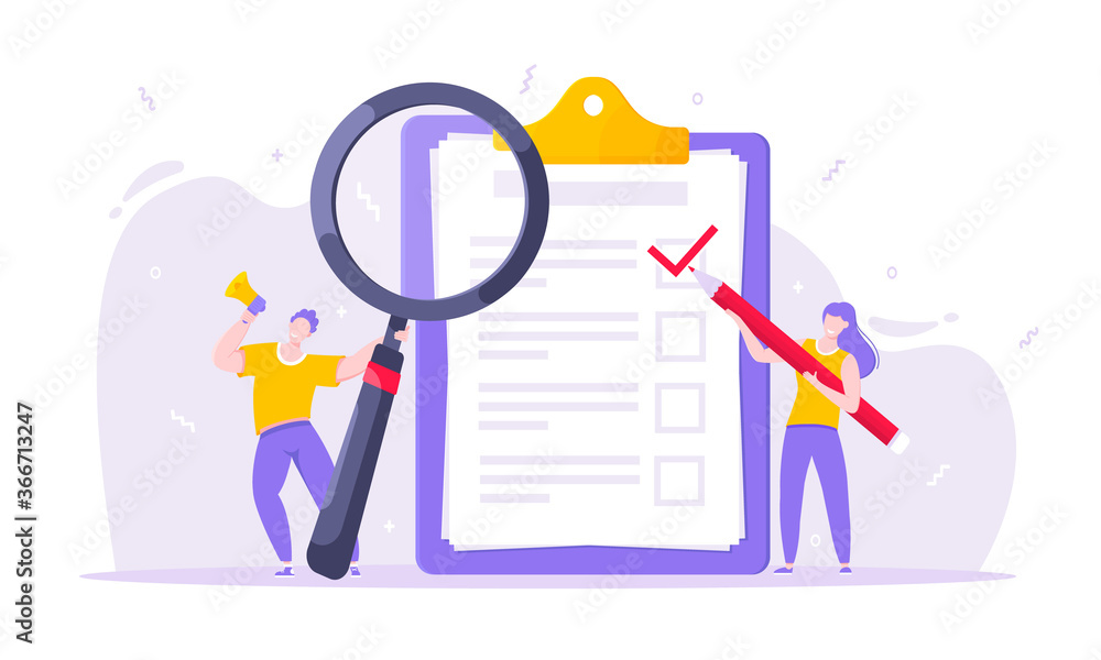 Task done business concept tiny people with megaphone, magnifying glass ...