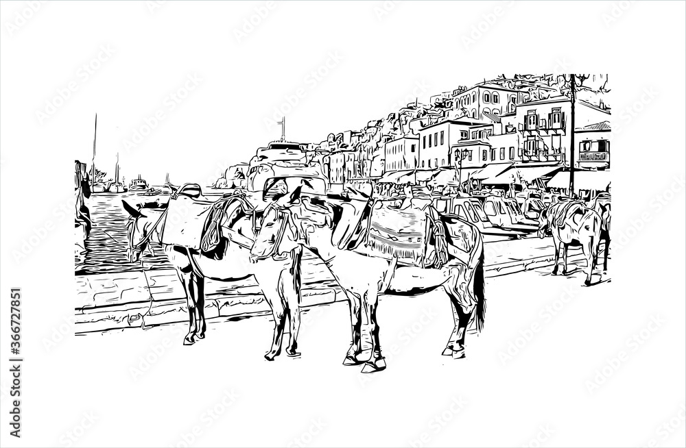 Building view with landmark of Hydra town is the capital and main ...