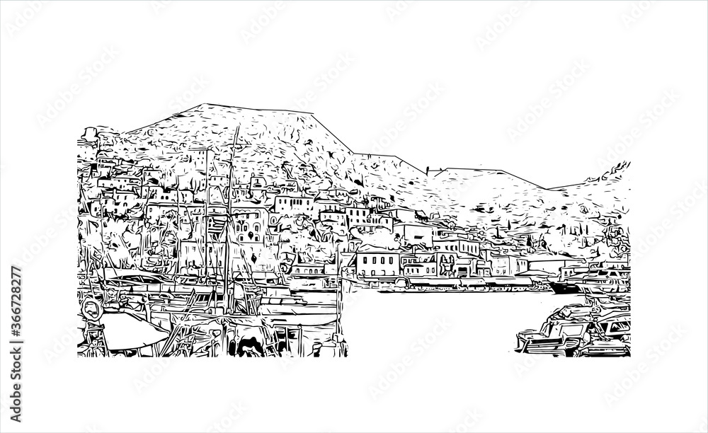 Building view with landmark of Hydra town is the capital and main ...