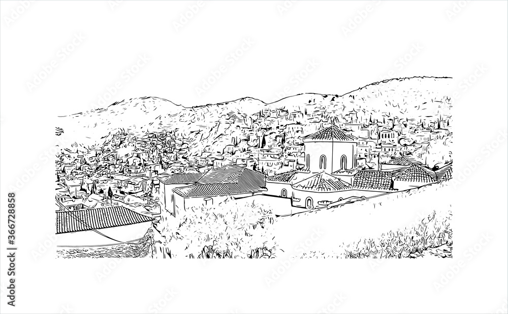 Building view with landmark of Hydra town is the capital and main ...