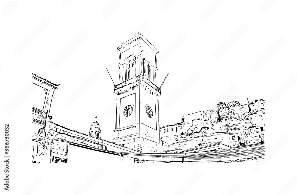 Building view with landmark of Hydra town is the capital and main ...