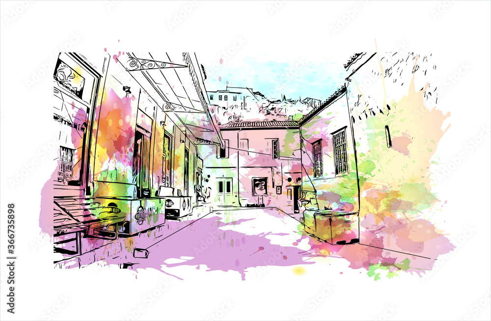 Building view with landmark of Hydra town is the capital and main ...