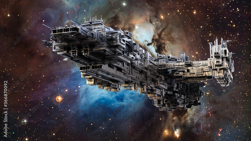 Realistic 3D illustration. Big futuristic alien spaceship traveling in the Universe. Military ...