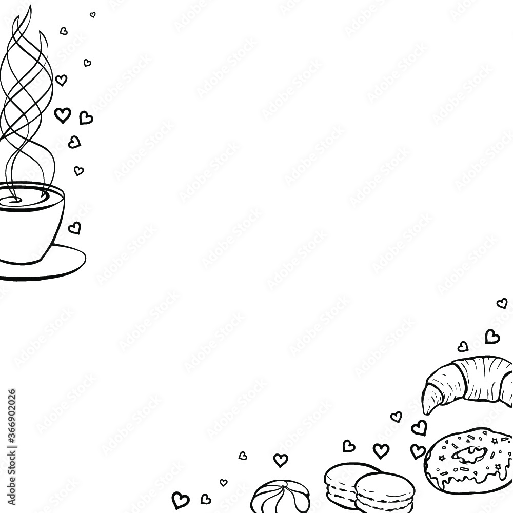 Tea party frame. Black and white hand drawn border for menus ...