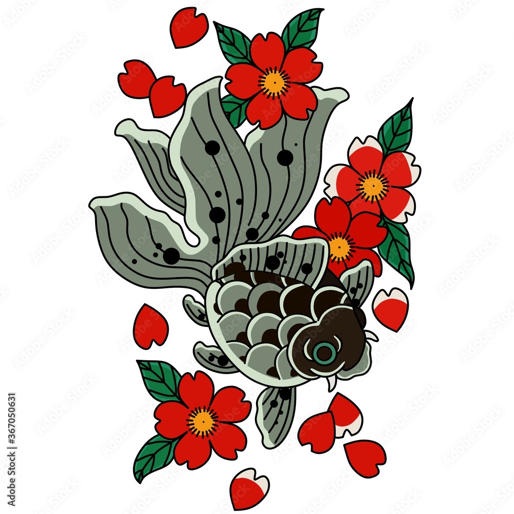 vector illustration of goldfish flower fish. goldfish flower tattoo ...