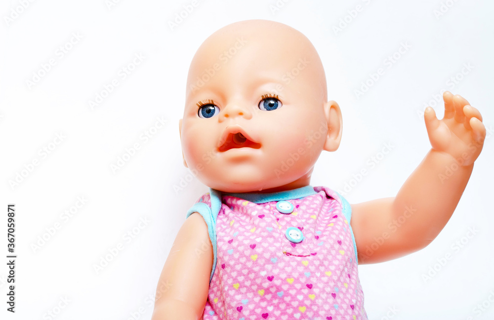 Original doll Baby Born on a white background in close-up. Doll general ...